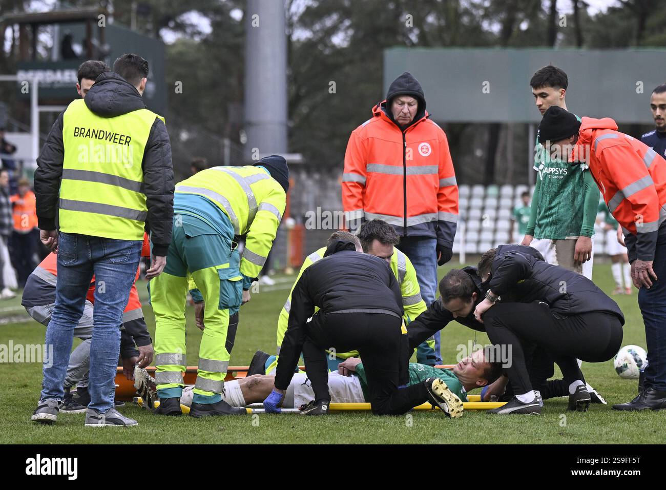 Lommel's Lucas Schoofs looks injured during a soccer match between ...
