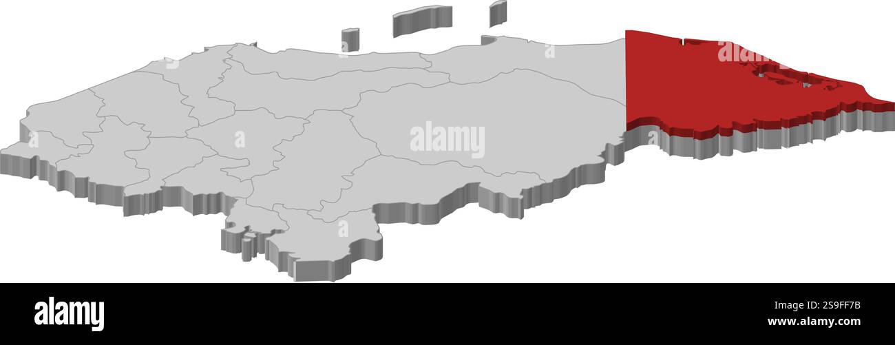 Map of Honduras as a gray piece, Gracias a Dios is highlighted in red ...