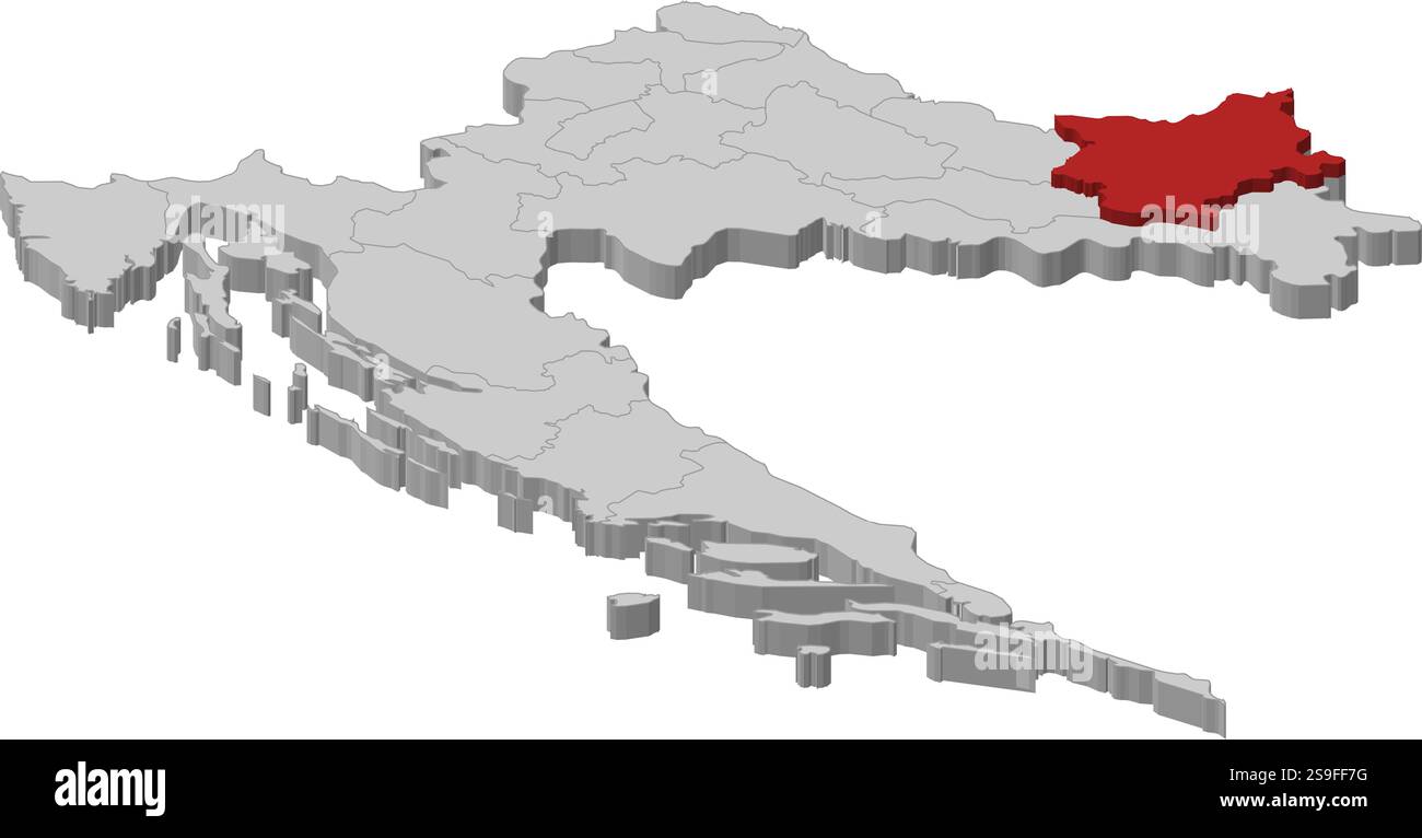 Map of Croatia as a gray piece., Osijek-Baranja is highlighted in red ...