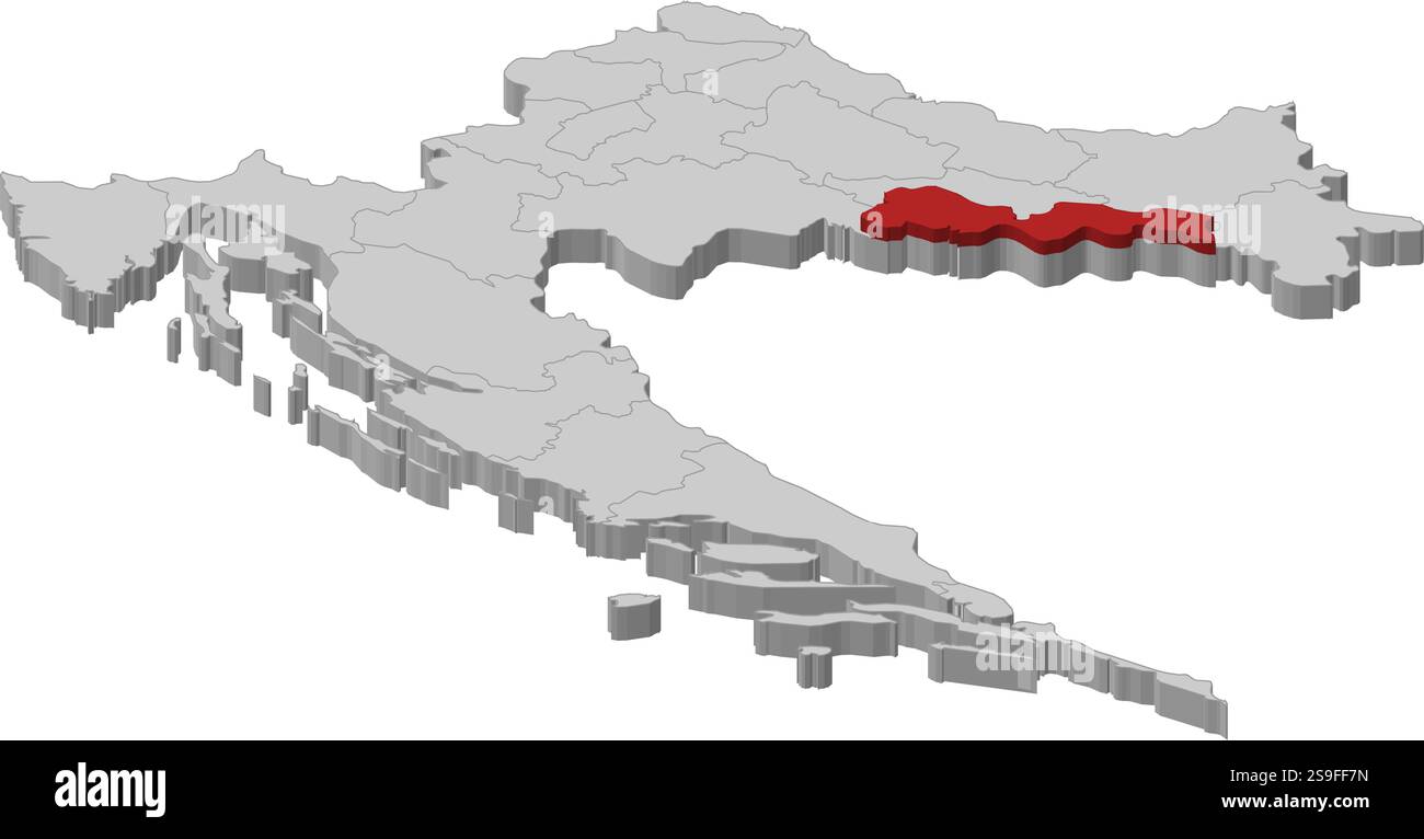 Map of Croatia as a gray piece., Brod-Posavina is highlighted in red ...