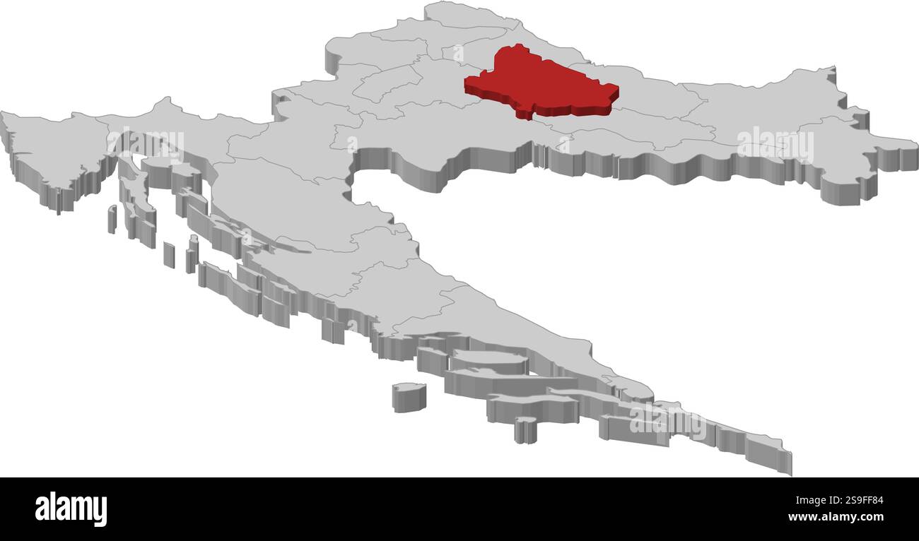Map of Croatia as a gray piece., Bjelovar-Bilogora is highlighted in ...