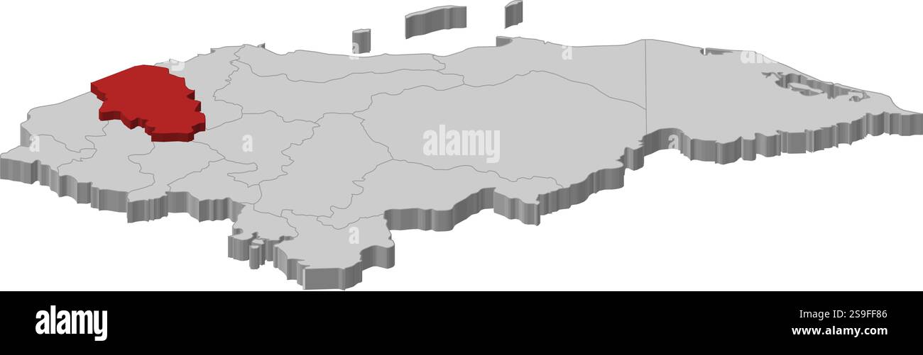 Map of Honduras as a gray piece, Santa Bárbara is highlighted in red ...