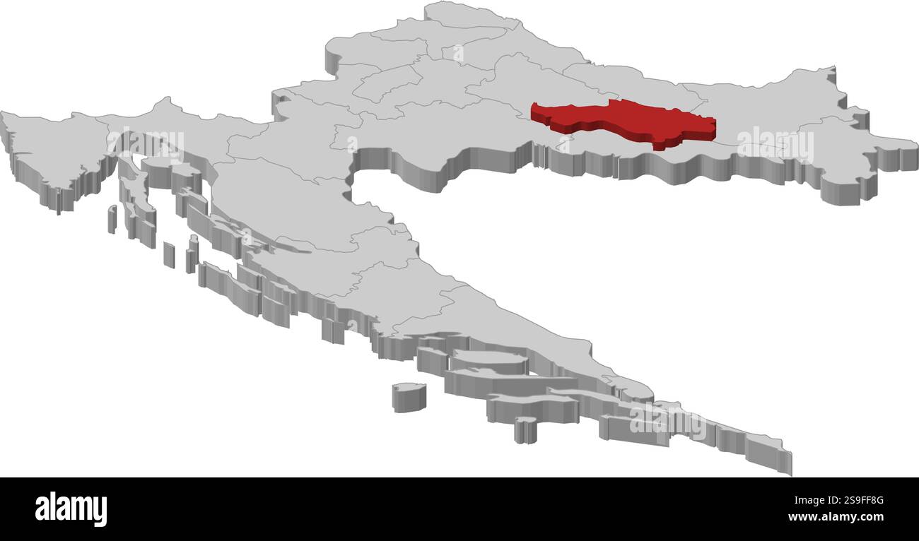 Map of Croatia as a gray piece., Pozega-Slavonia is highlighted in red ...