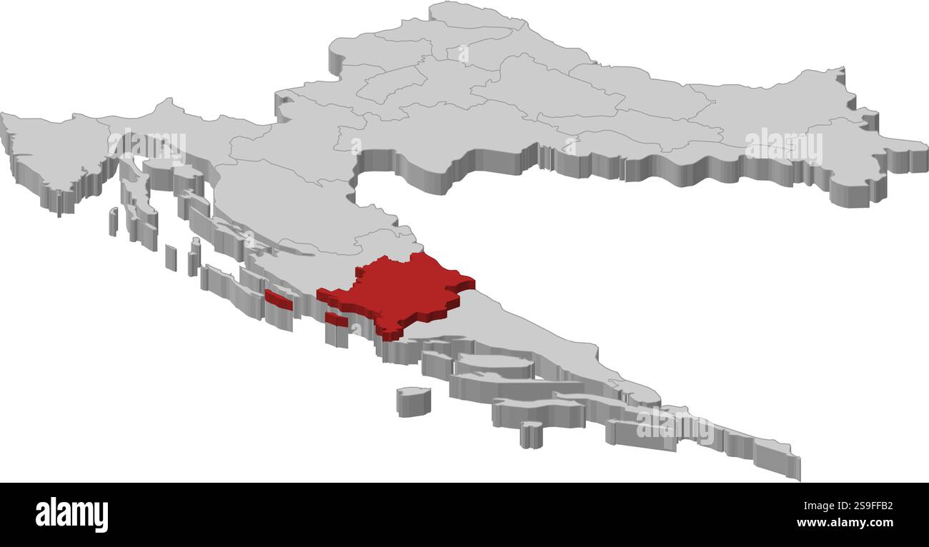 Map of Croatia as a gray piece., Sibenik-Knin is highlighted in red ...