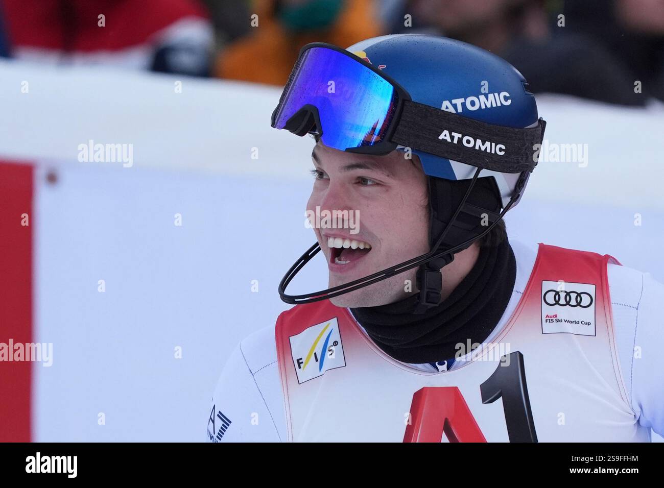 Italy's Alex Vinatzer reacts after completing an alpine ski, men's ...