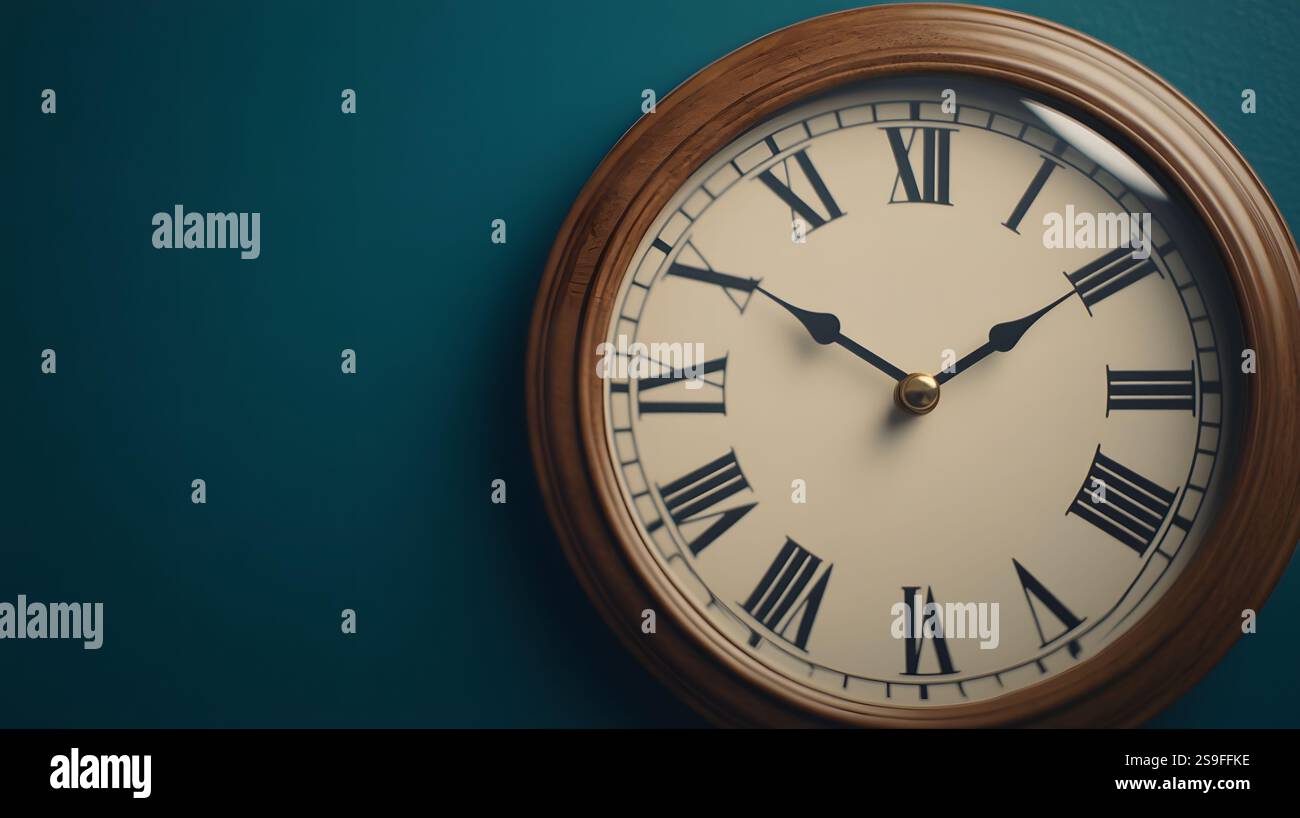 Vintage brass wall clock's reflection on the wooden desk,symbolizing ...