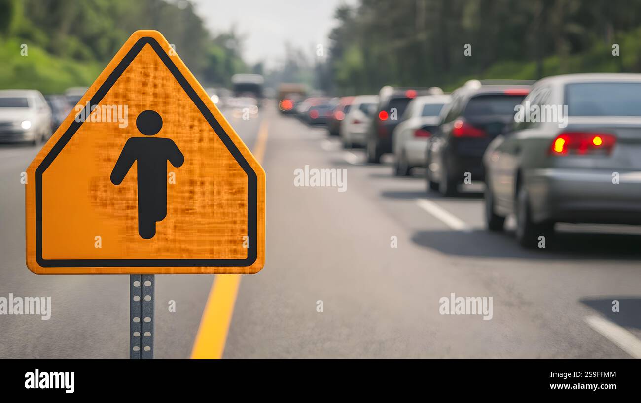 Merge lane sign symbol layered over image of traffic merging onto a ...