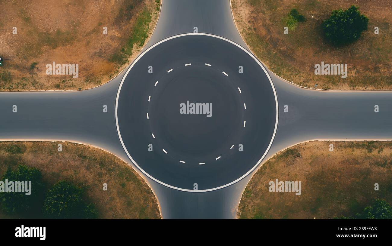 Aerial perspective of a circular road intersection featuring a ...