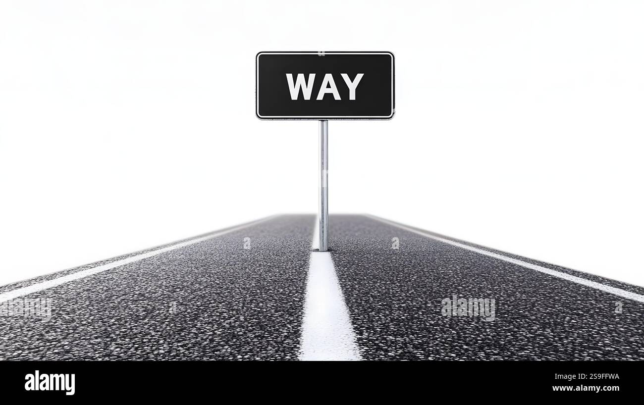 Solitary one-way road sign stands alone on a long,straight monochrome ...