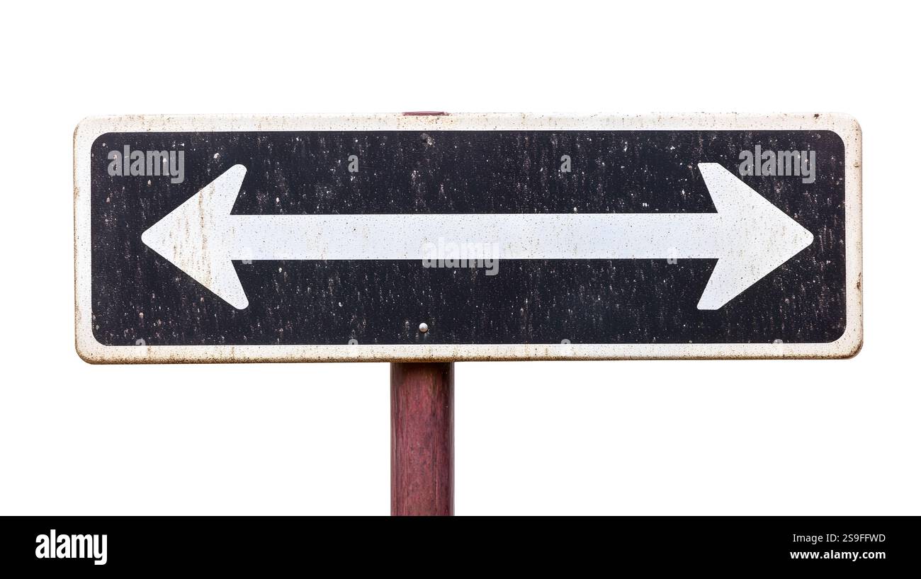 One-way road sign pointing into the distance on a plain white ...