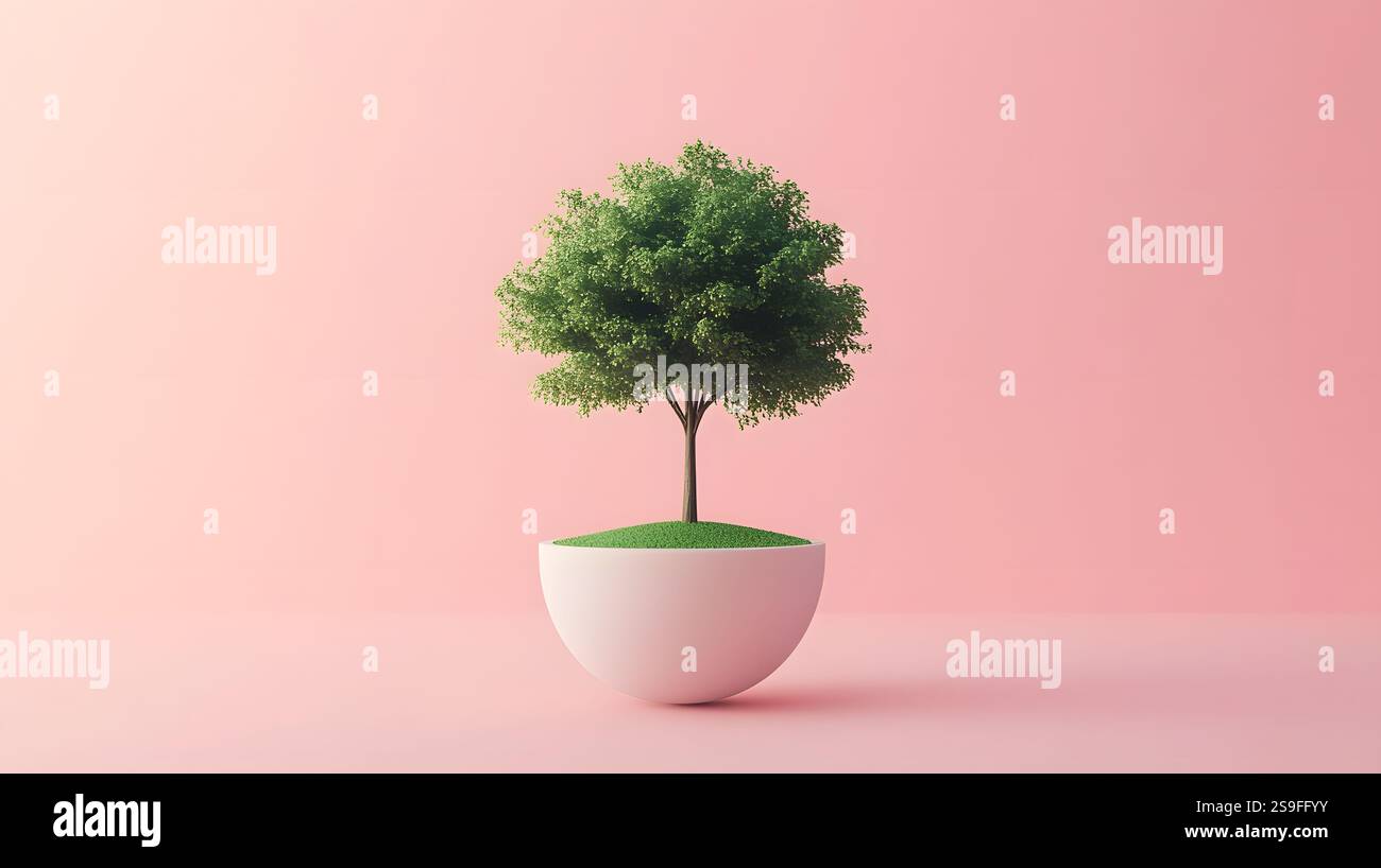 Minimalistic 3D of a green tree growing inside an earth-shaped ceramic ...
