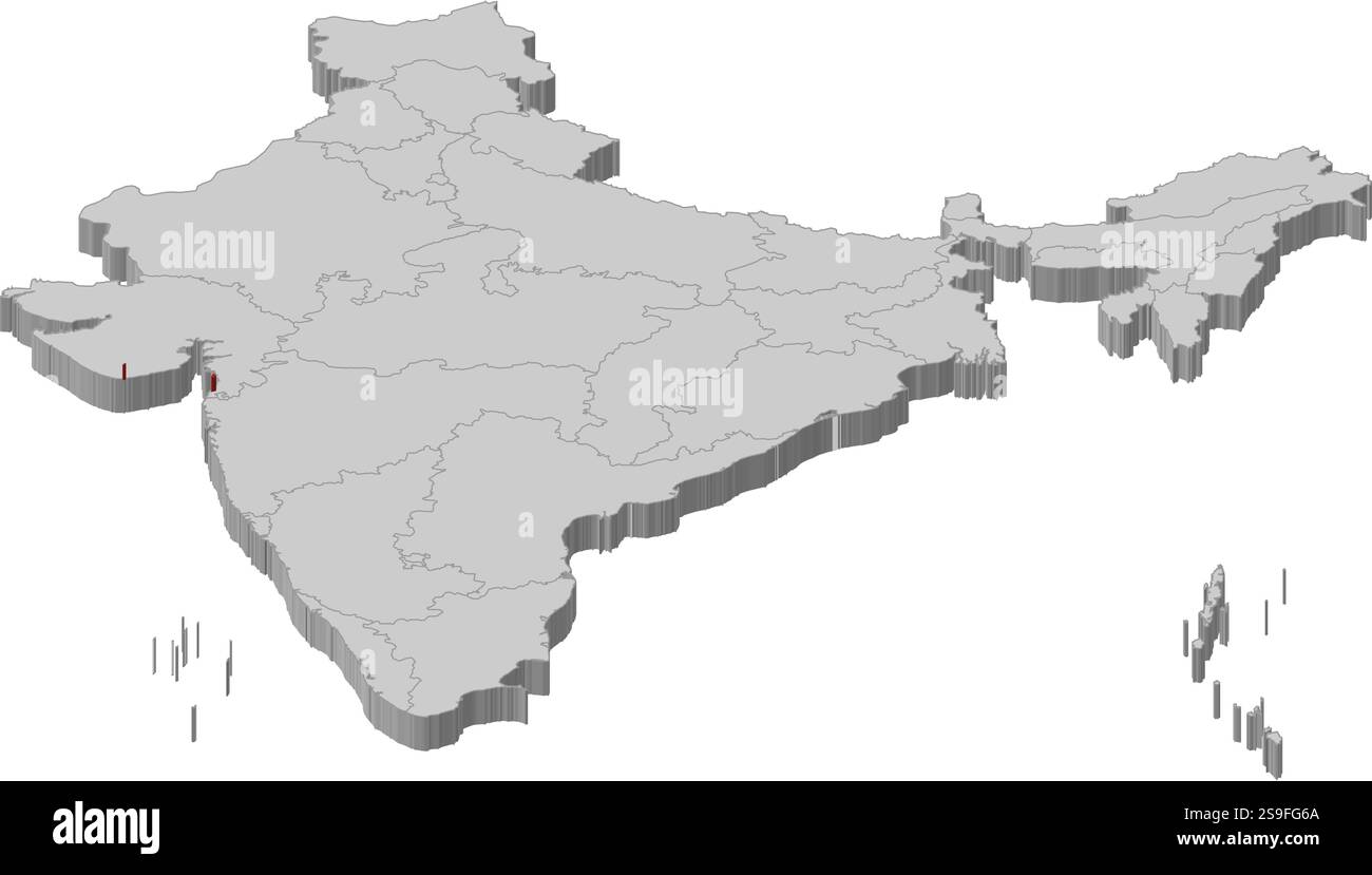 Map of India as a gray piece., Daman and Diu is highlighted in red ...
