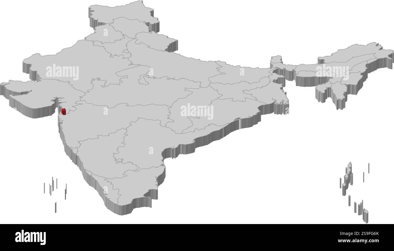 Map of India as a gray piece., Dadra and Nagar Haveli is highlighted in ...