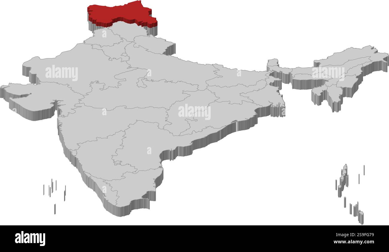 Map of India as a gray piece., Jammu and Kashmir is highlighted in red ...