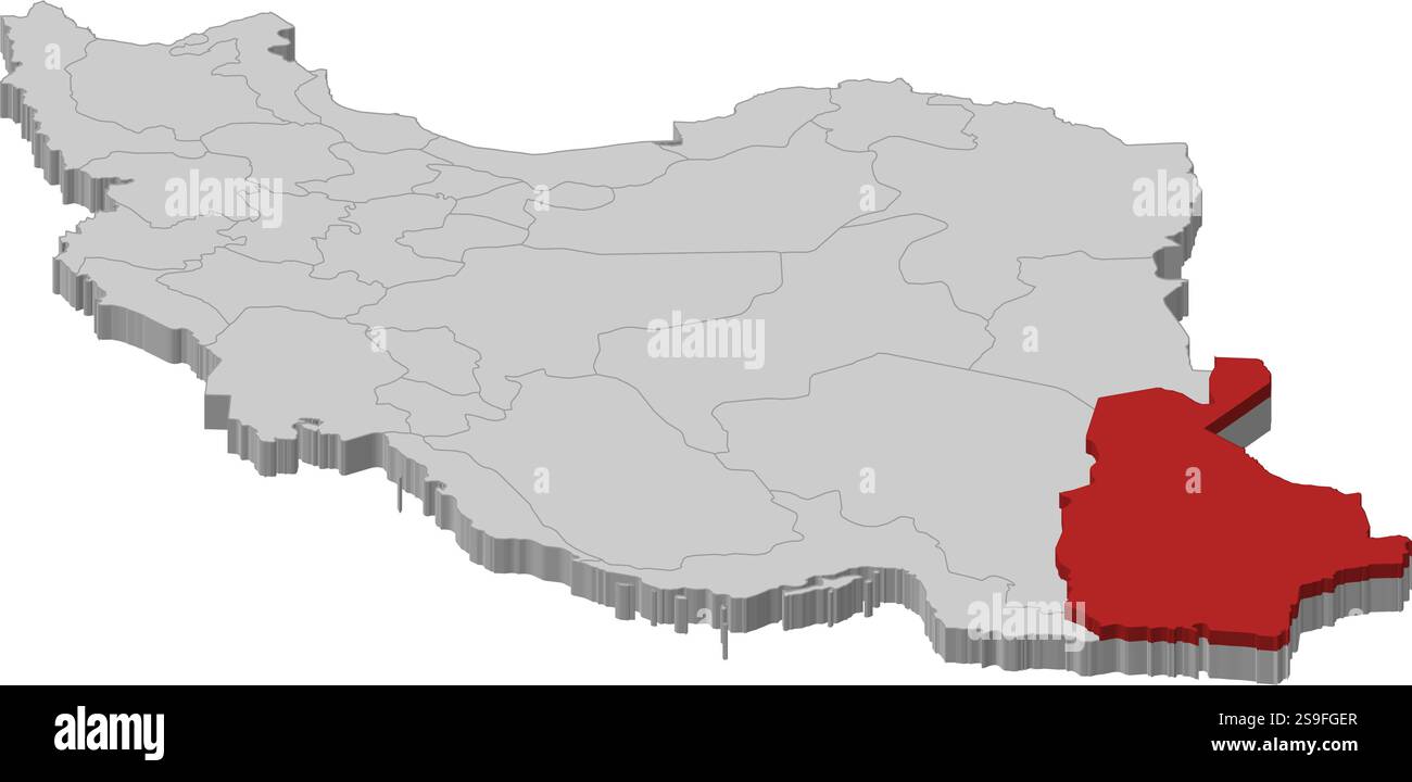 Map of Iran as a gray piece, Sistan and Baluchestan is highlighted in ...