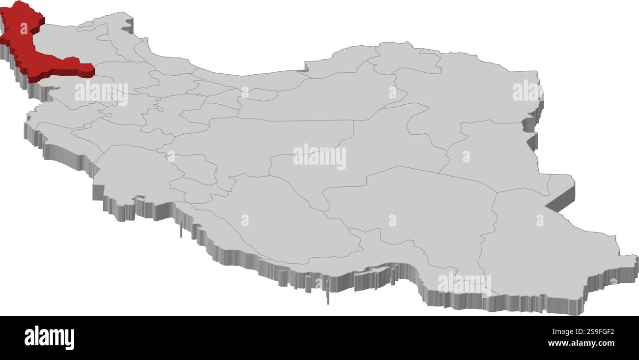 Map of Iran as a gray piece, West Azerbaijan is highlighted in red ...