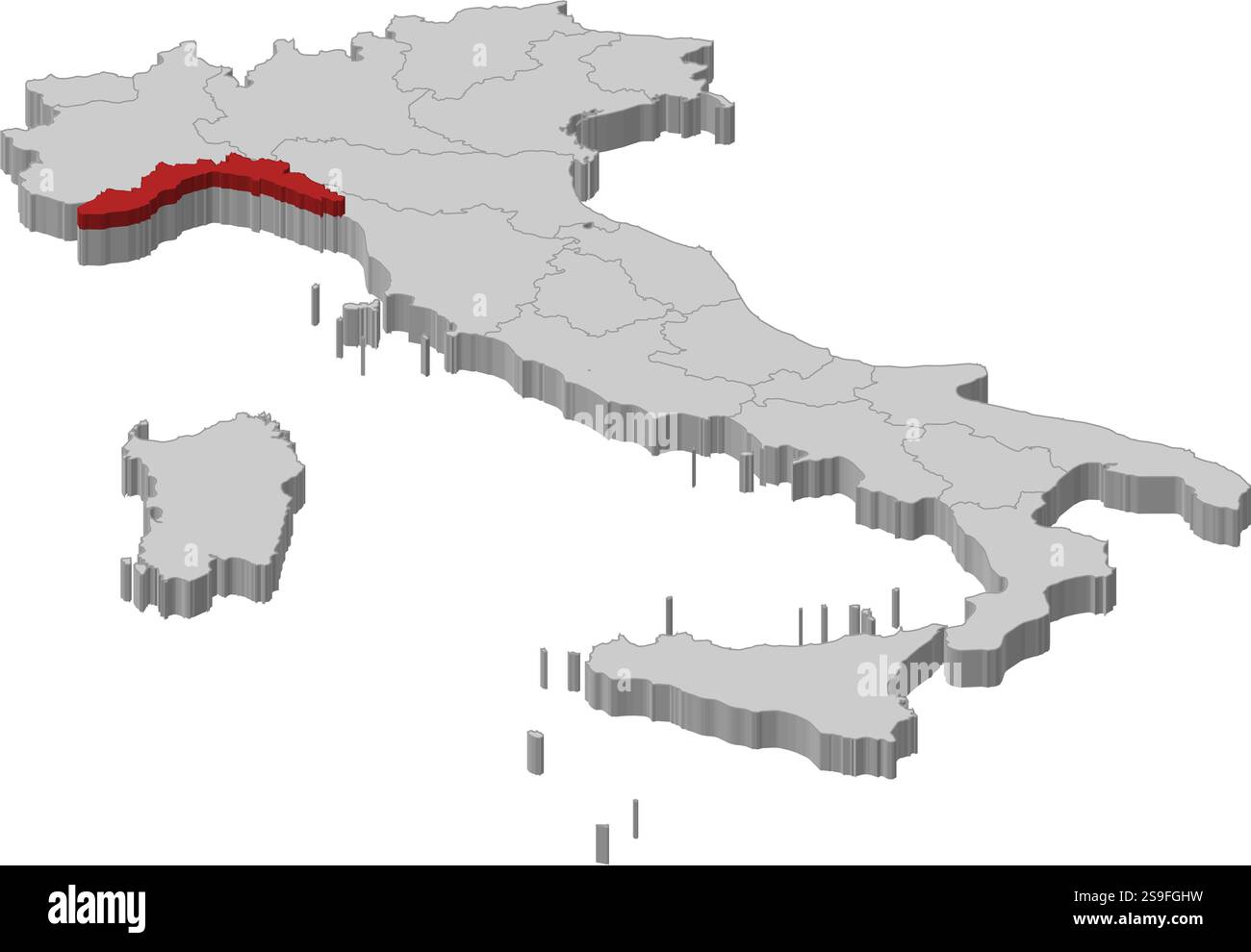 Map of Italy as a gray piece., Liguria is highlighted in red Stock ...