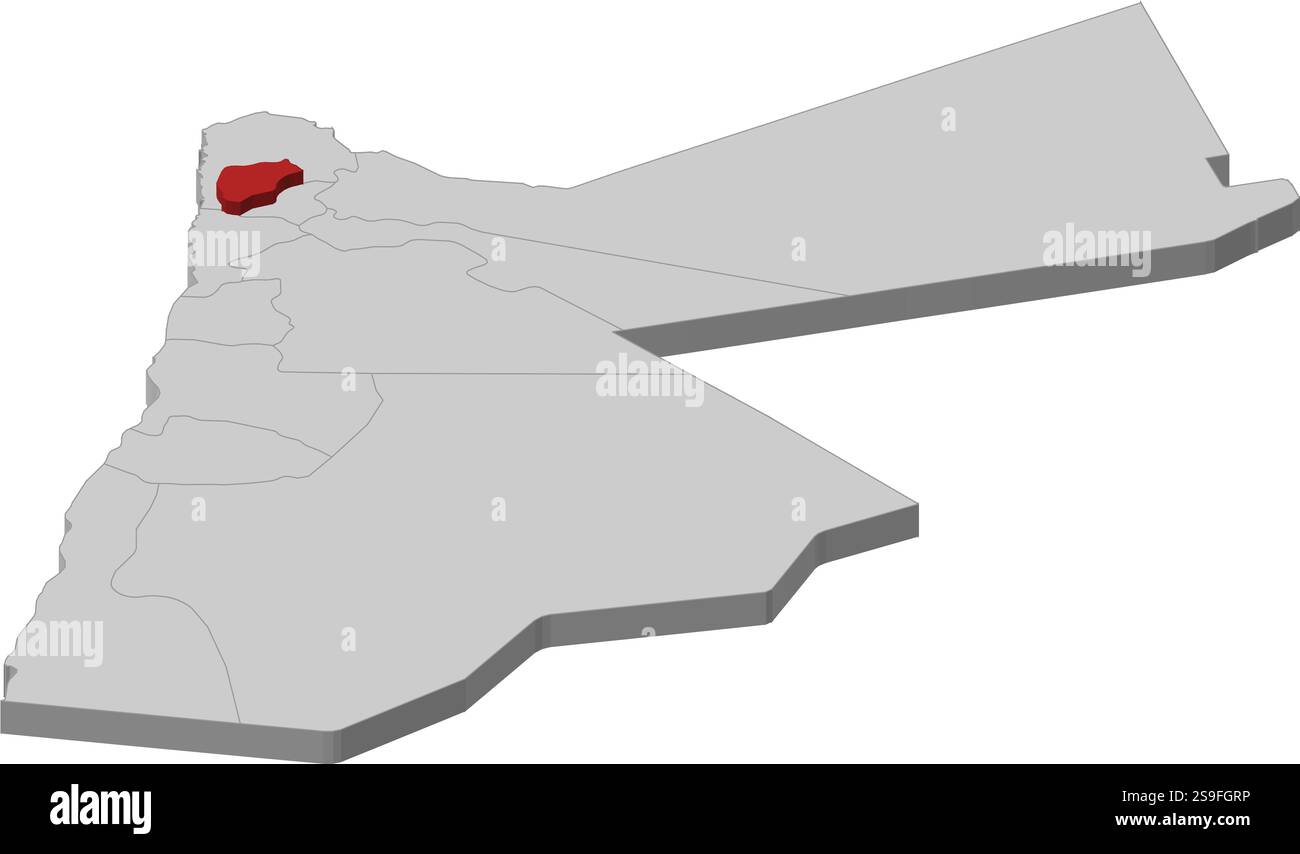 Map of Jordan as a gray piece, Ajloun is highlighted in red Stock ...