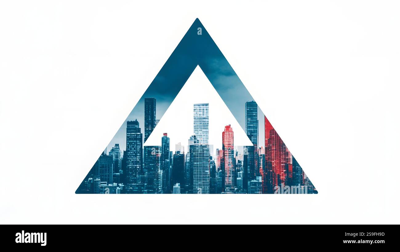 Triangular city skyline silhouette overlaid with a modern urban ...