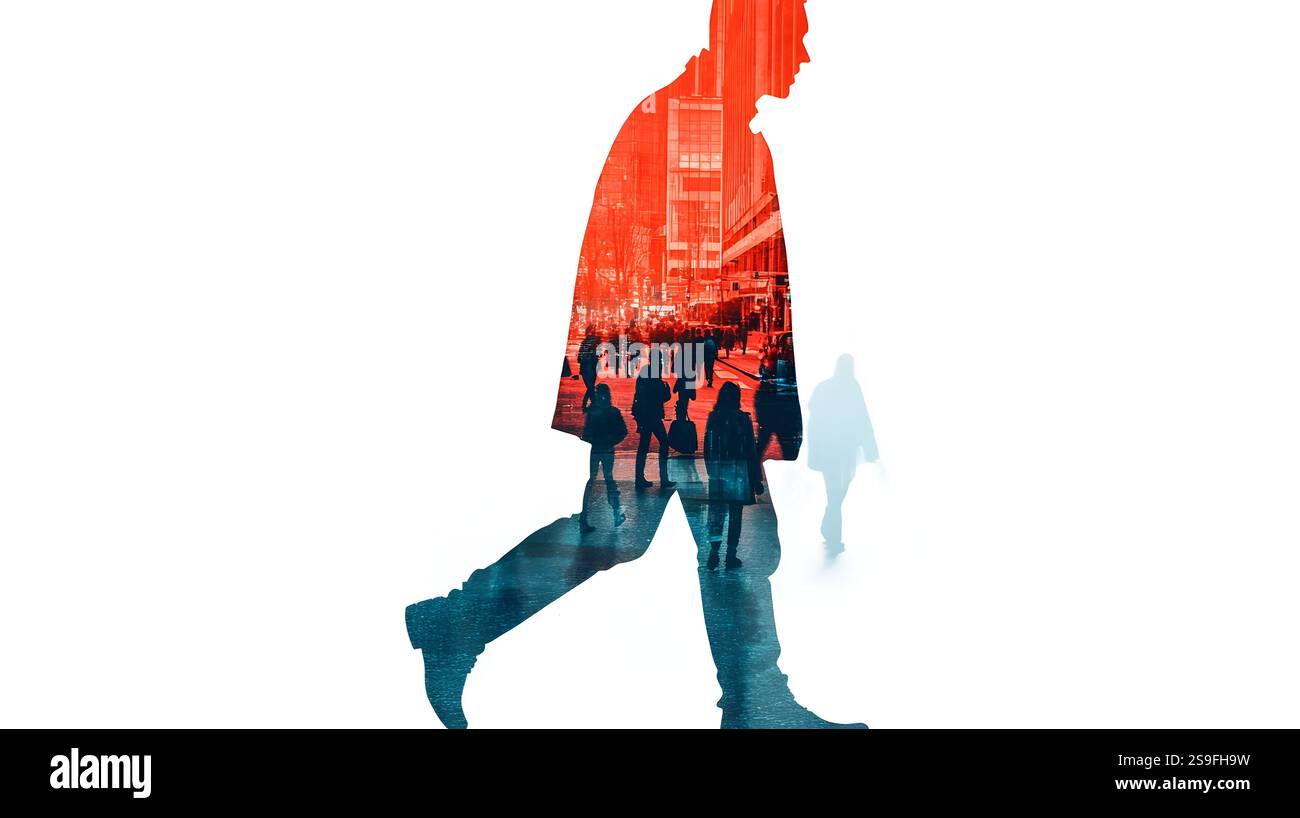 Crossing sign double-exposed with silhouetted figures in a dynamic ...