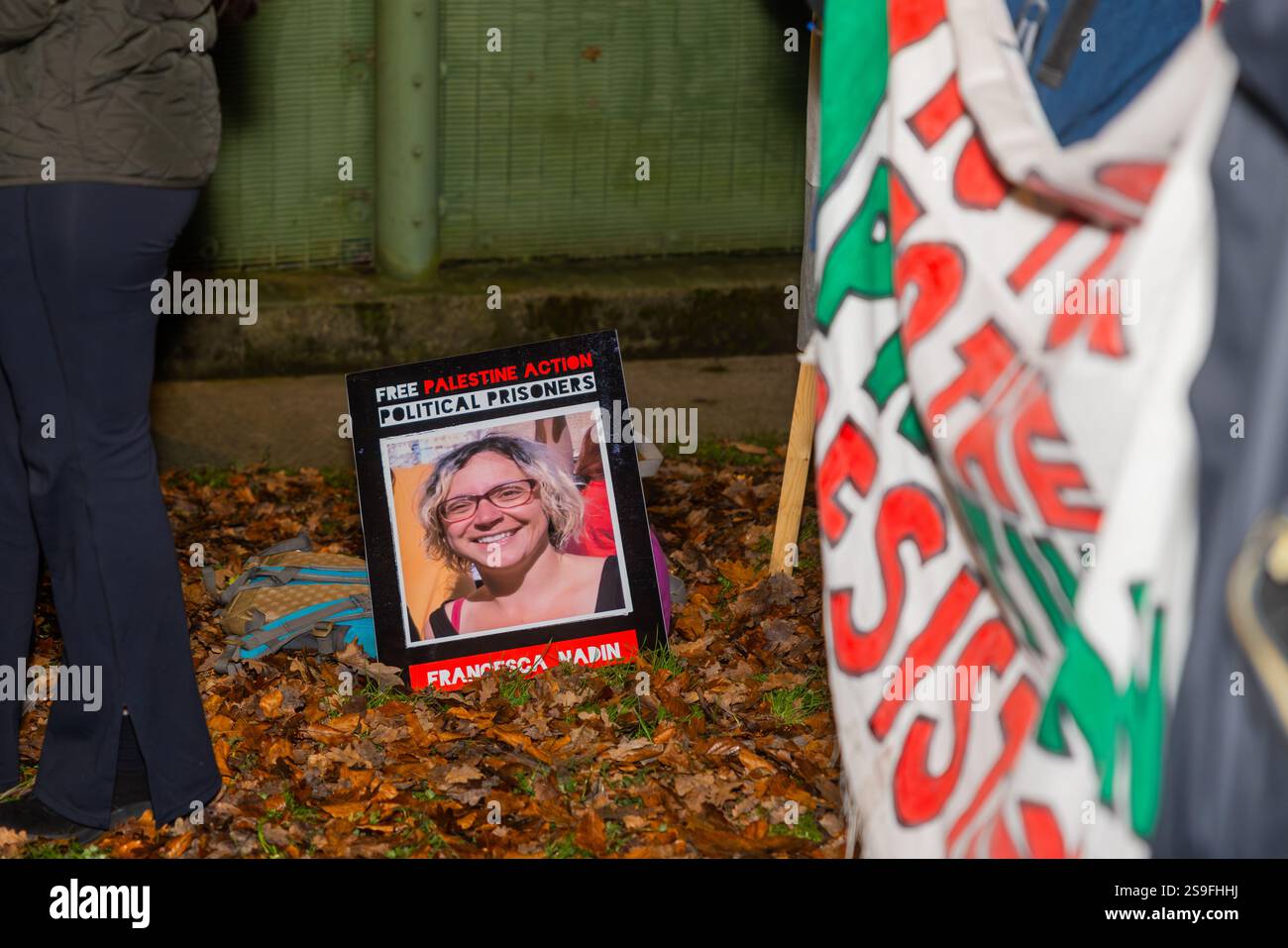Wakefield, UK. 25 JAN, 2025. Poster for Fran Nadin as protestors held a ...