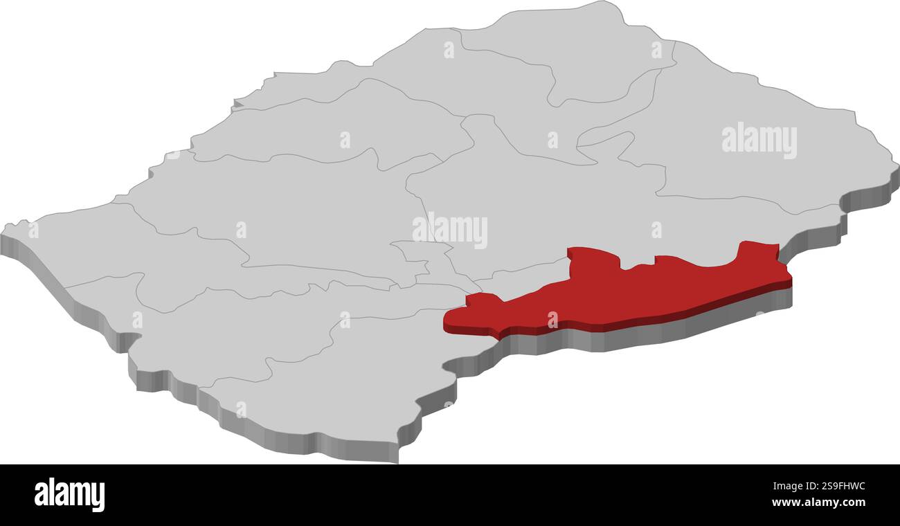 Map of Lesotho as a gray piece, Qacha's Nek is highlighted in red Stock ...