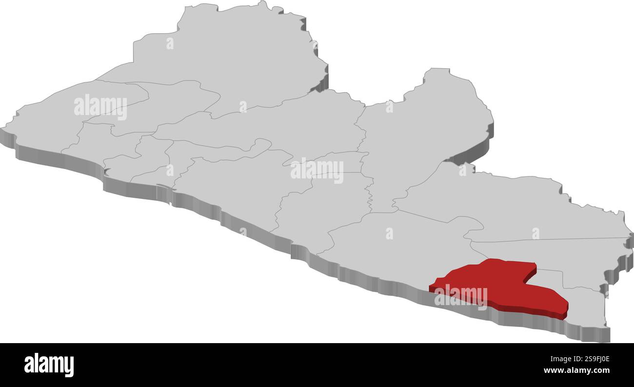 Map of Liberia as a gray piece, Grand Kru is highlighted in red Stock ...
