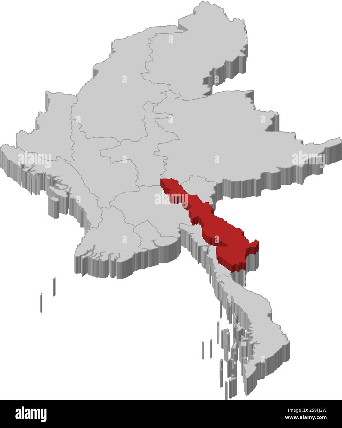 Map of Myanmar as a gray piece, Kayin is highlighted in red Stock ...
