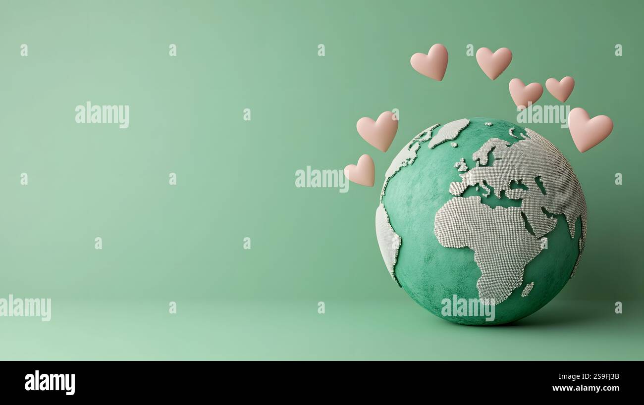Floating Green Planet Surrounded by Soft Pink Hearts - 3D Conveying ...