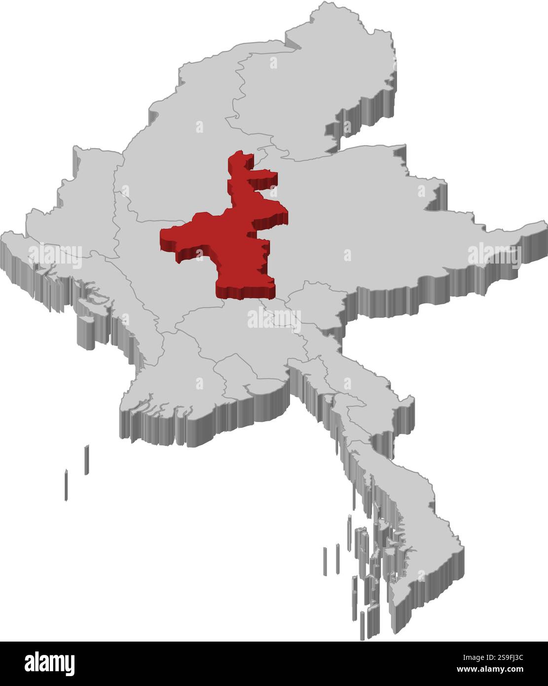 Map of Myanmar as a gray piece, Mandalay is highlighted in red Stock ...