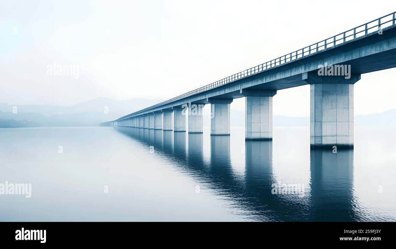 Serene Bridge Road Merging with Calm Water Reflections,Symbolizing ...
