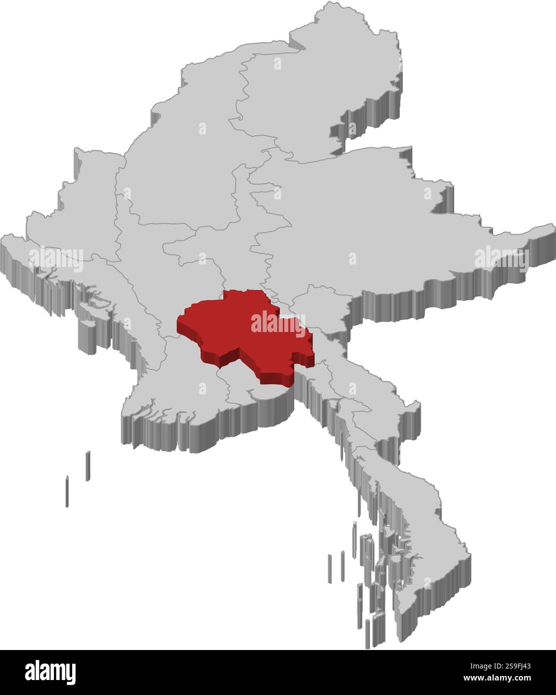 Map of Myanmar as a gray piece, Bago is highlighted in red Stock Vector ...