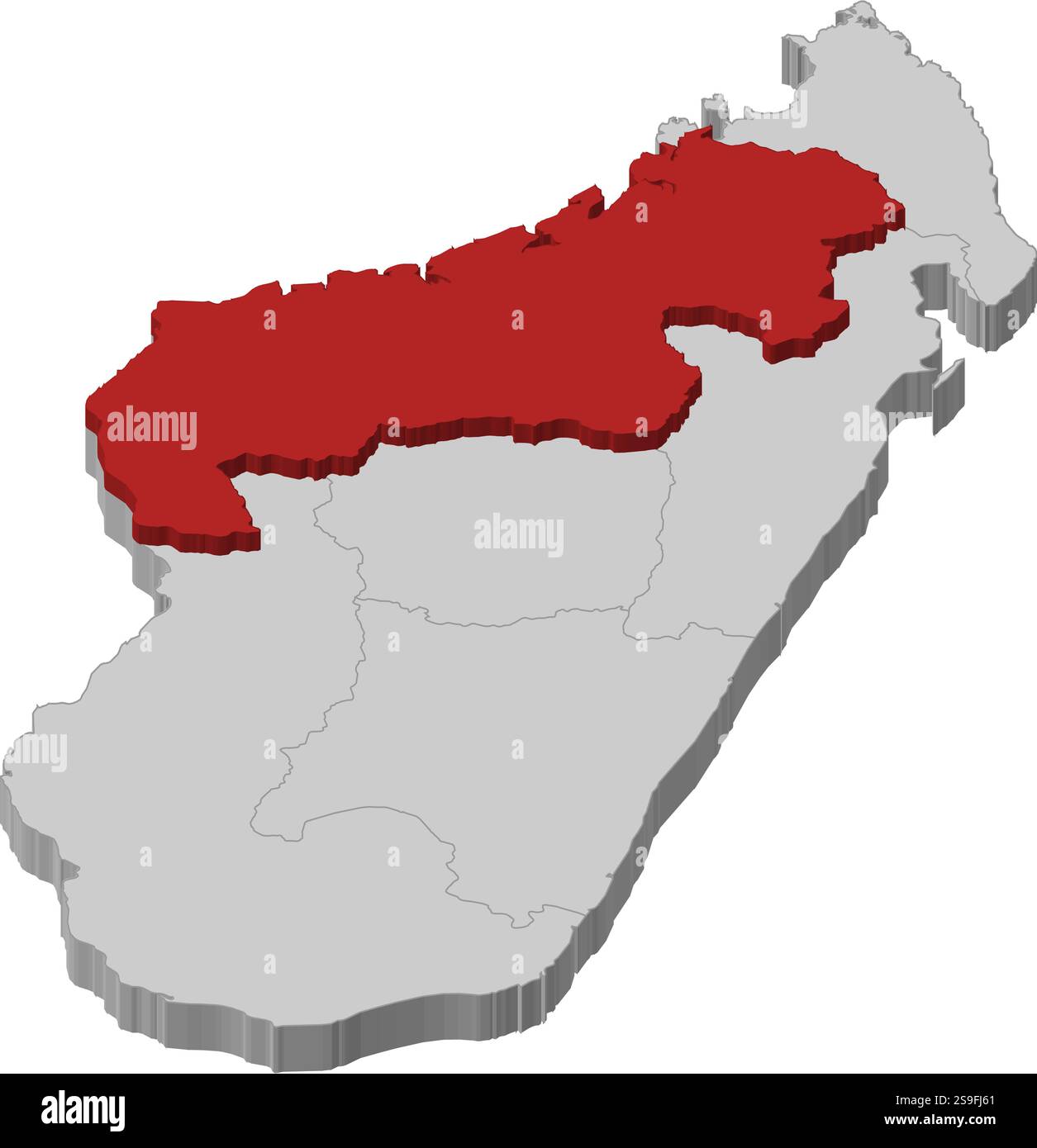 Map of Madagascar as a gray piece, Mahajanga is highlighted in red ...