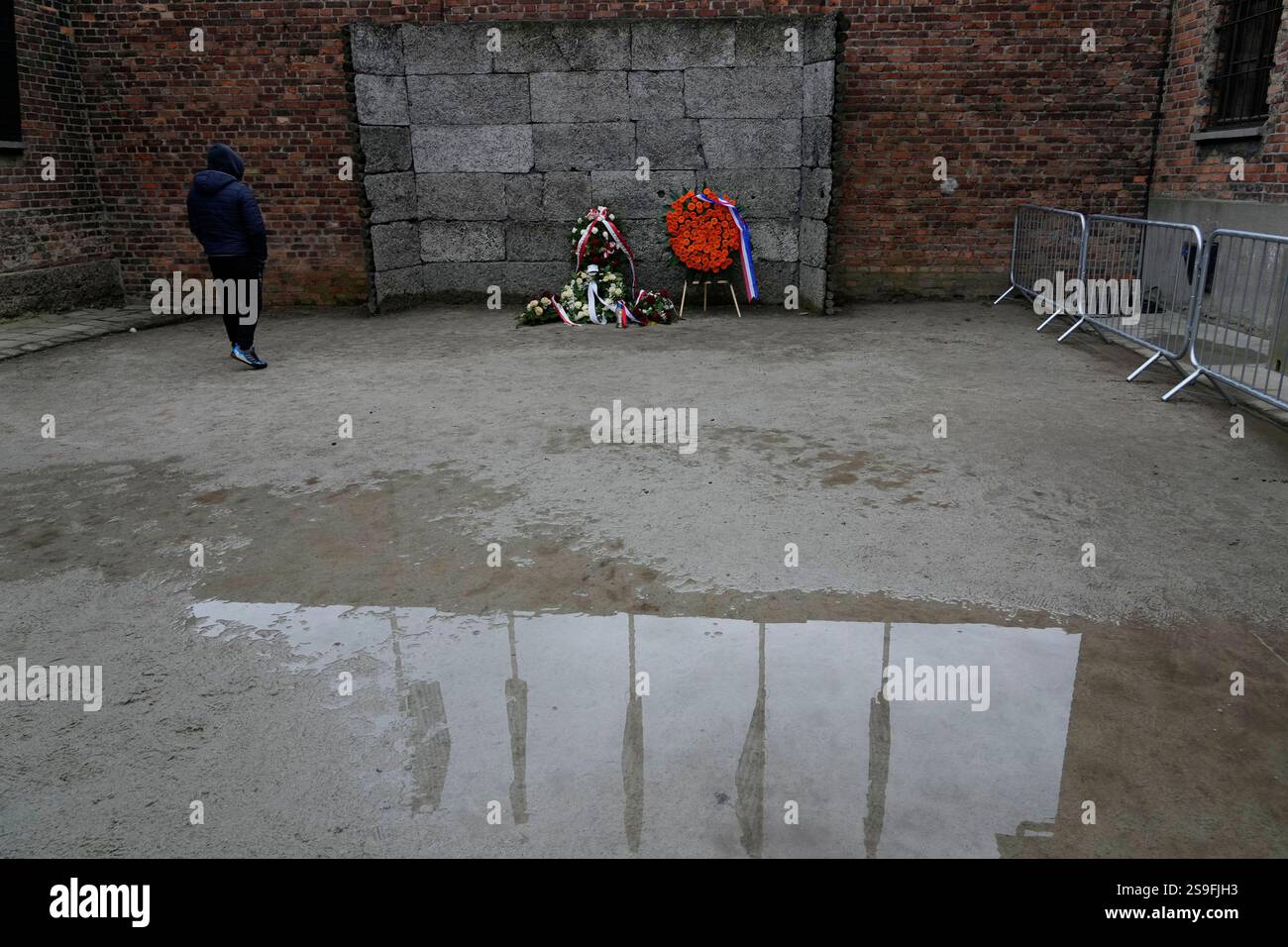 A man walks by the Death Wall at the Auschwitz Nazi death camp, in ...