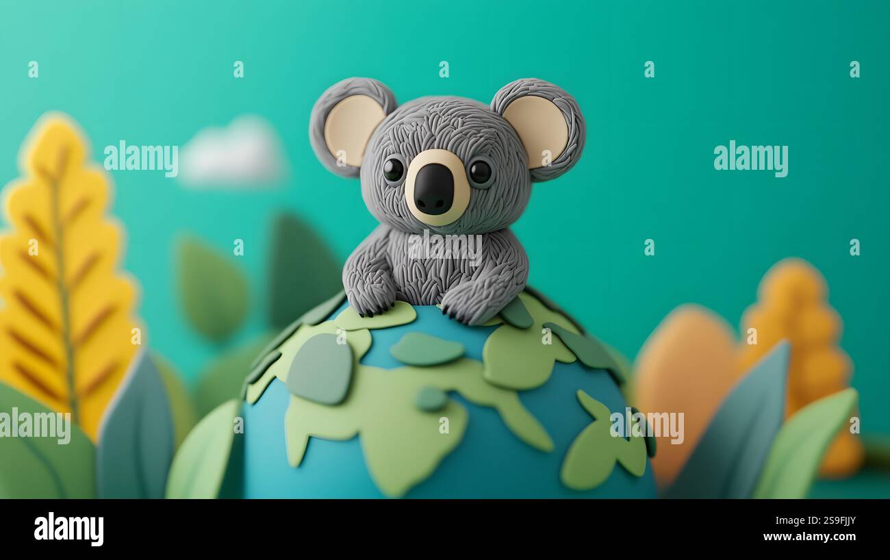 Adorable koala character perched on a lush,leafy and sustainable Earth ...