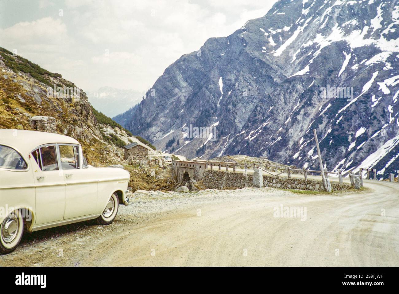 Opel Kapitan P1 car on Fluela Pass mountain road high Alpine pass ...