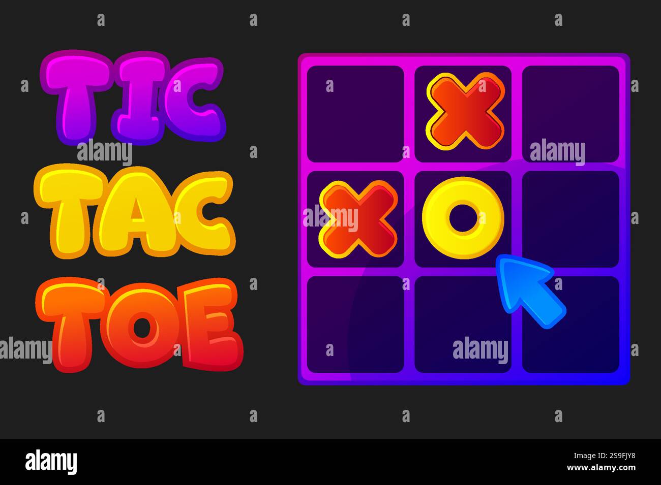 TIC TAC TOE UI with arow cursor. Vector cartoon strategy game noughts and crosses. Board logic ...