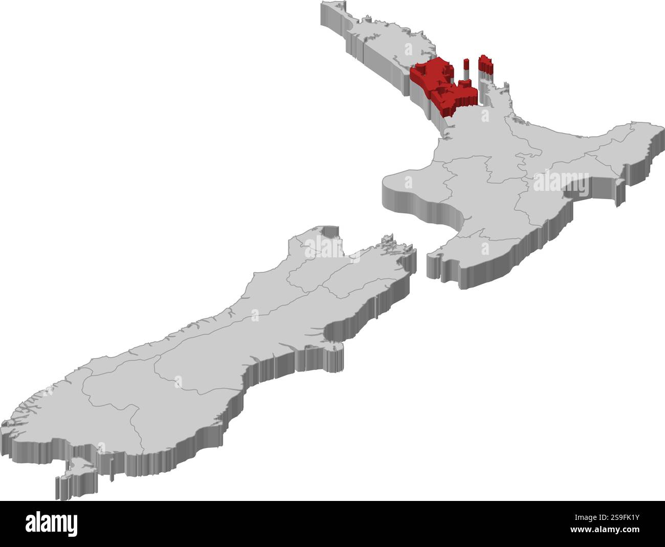 Map of New Zealand as a gray piece., Auckland is highlighted in red ...