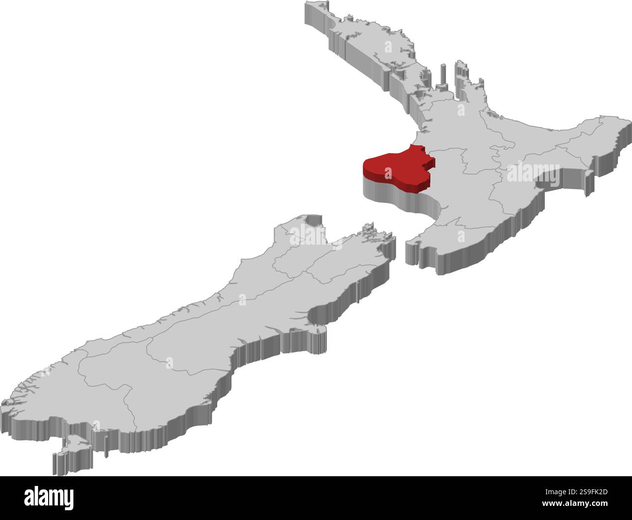 Map of New Zealand as a gray piece., Manawatu-Wanganui is highlighted ...