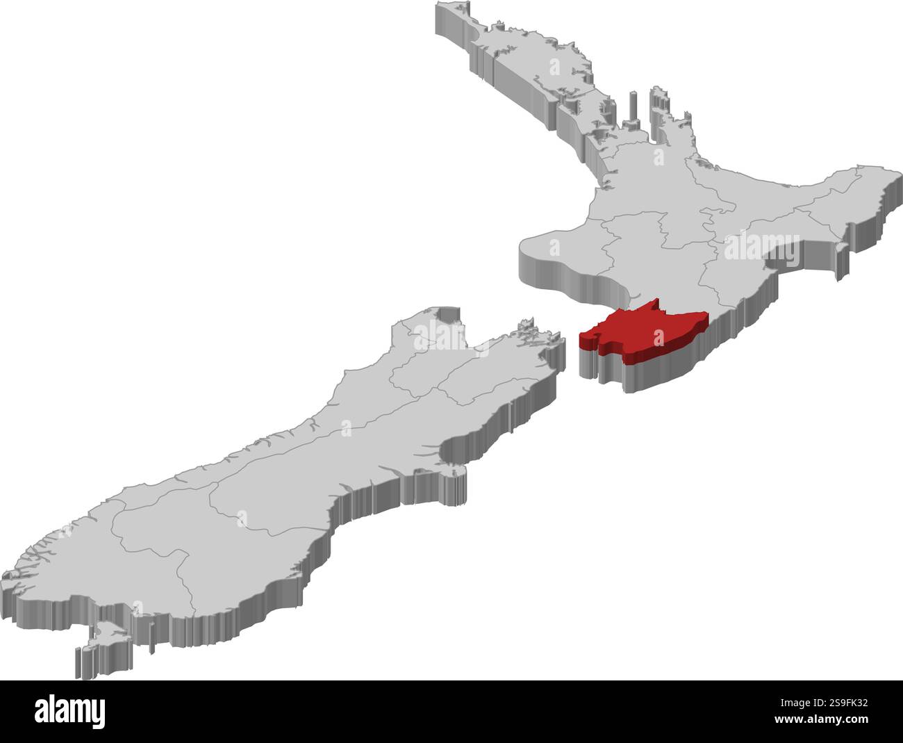 Map of New Zealand as a gray piece., Wellington is highlighted in red ...