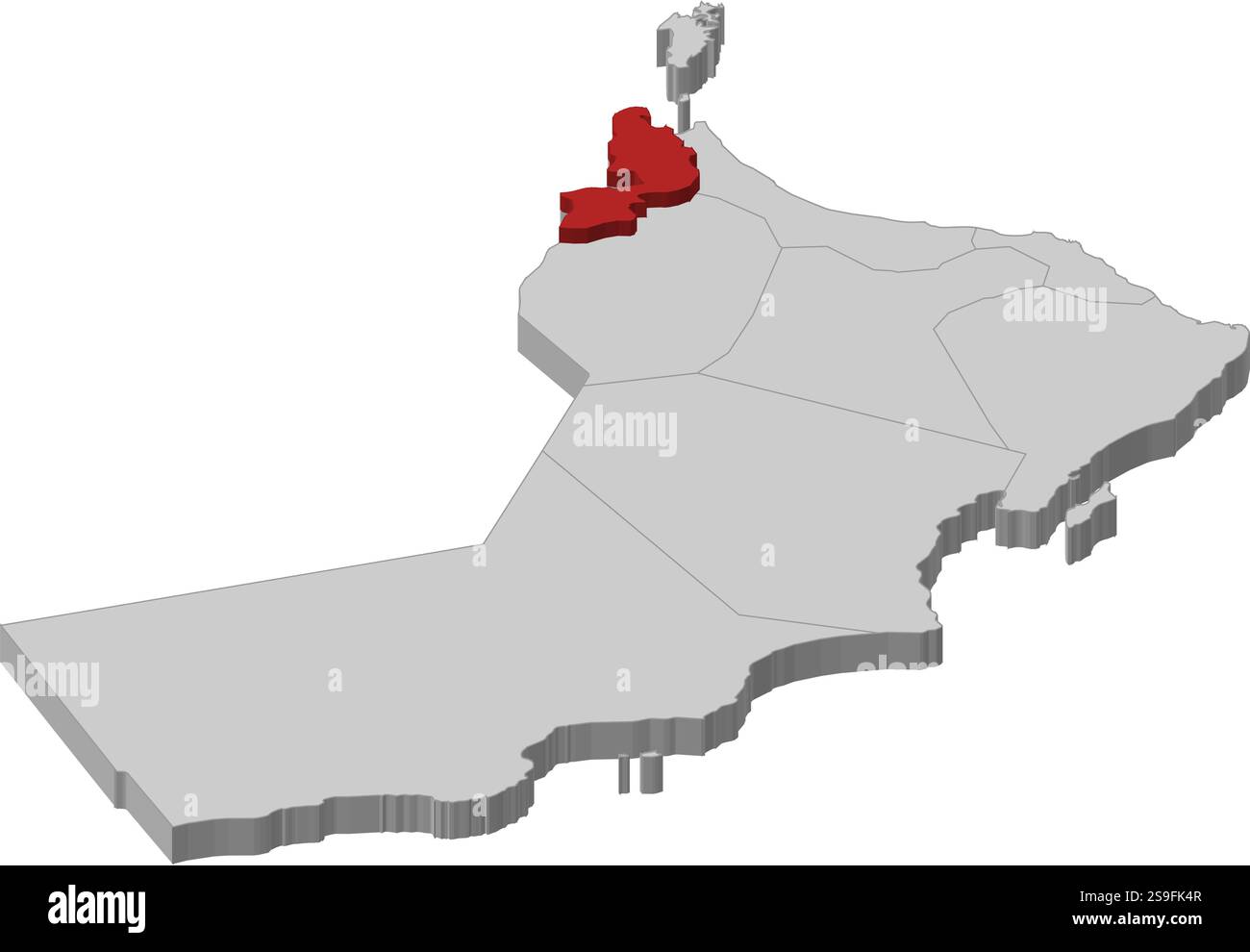 Map of Oman as a gray piece, Al Buraimi is highlighted in red Stock ...