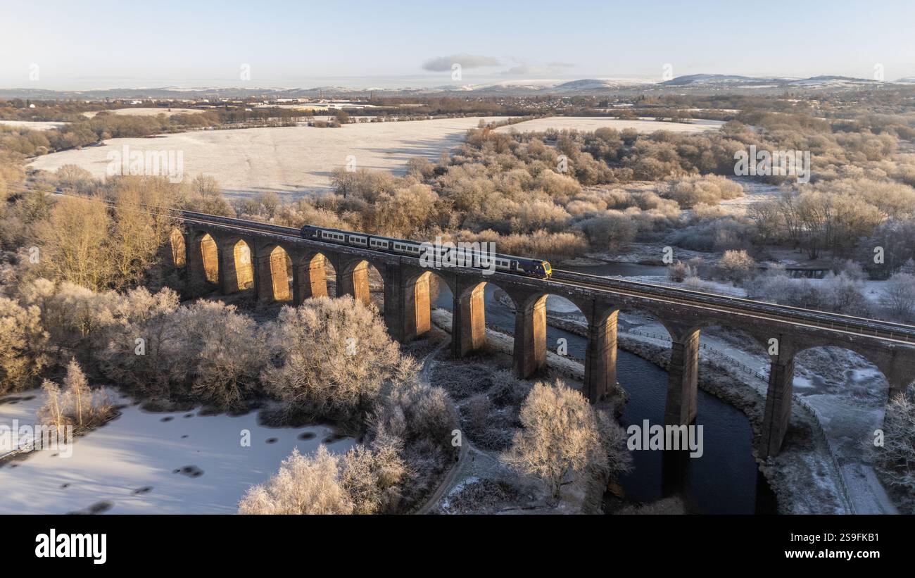 Aerial, Reddish Vale country park with the landmark viaduct and the ...