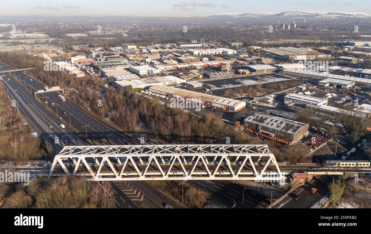 Aerial, Brinnington Bridge in Stockport the railway bridge and the M60 ...