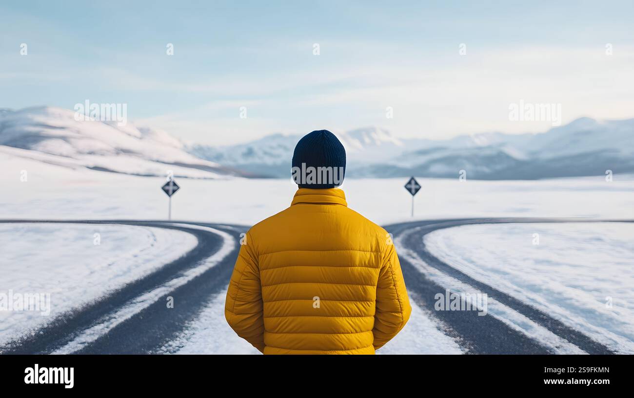 A person standing at a crossroads with mirrored signs showing alternate ...