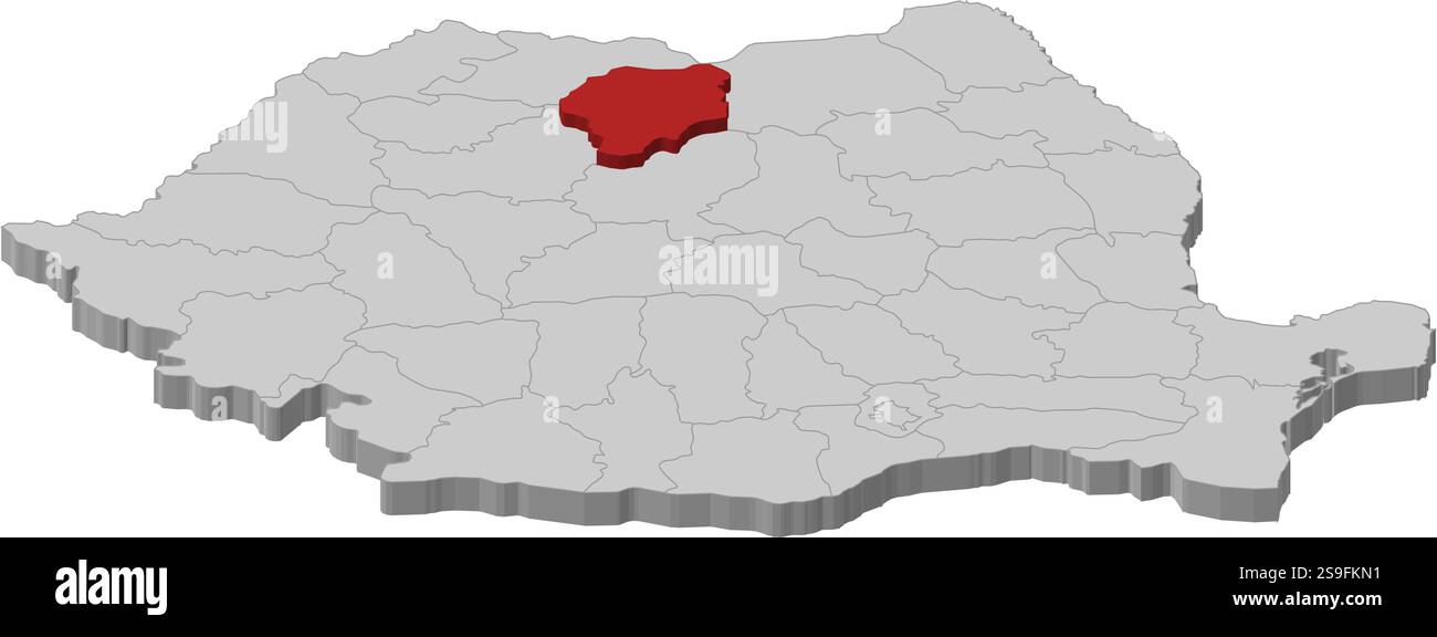 Map of Romania as a gray piece, Bistrita-Nasaud is highlighted in red ...