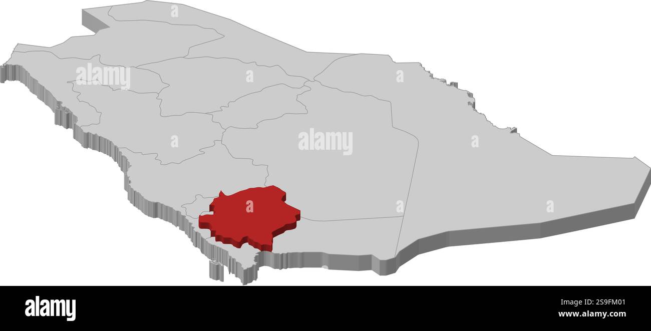 Map of Saudi Arabia as a gray piece, Asir is highlighted in red Stock ...