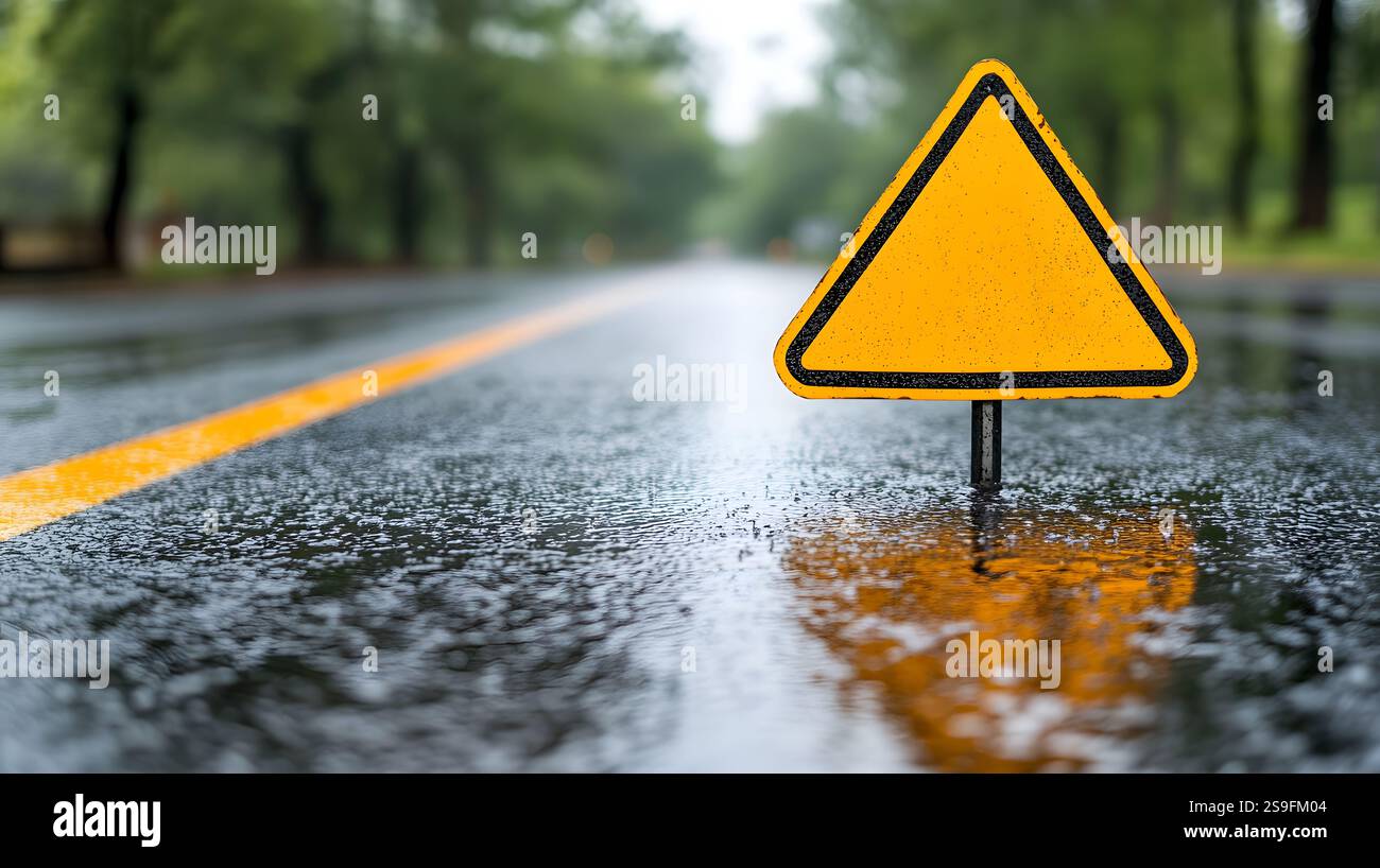 Warning road sign caution graphic with wet asphalt surface and skid ...