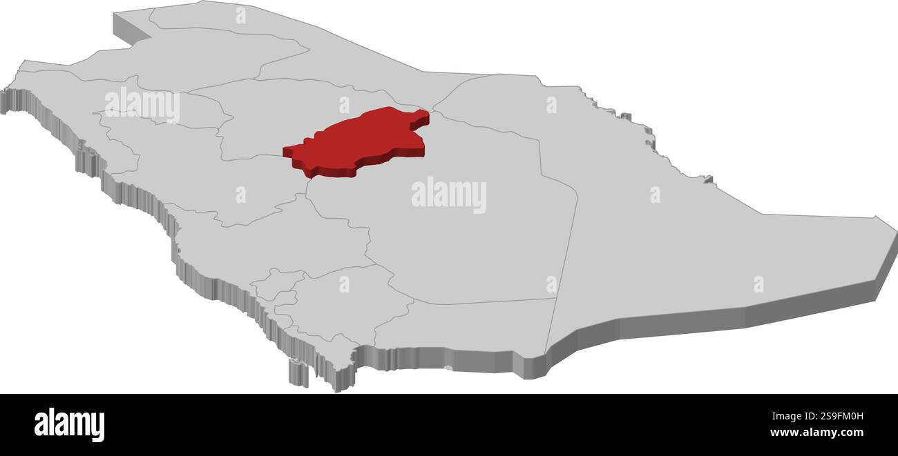 Map of Saudi Arabia as a gray piece, Al-Qassim is highlighted in red ...