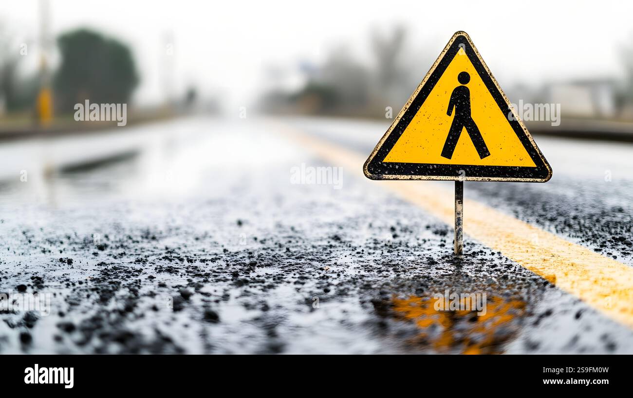 Slippery Road Warning Sign on Wet Pavement with Skid Marks,Highlighting ...