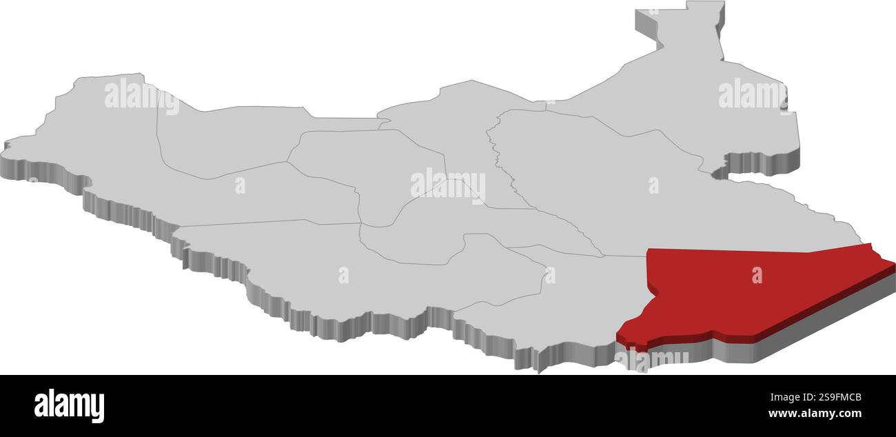 Map of South Sudan as a gray piece, Eastern Equatoria is highlighted in ...